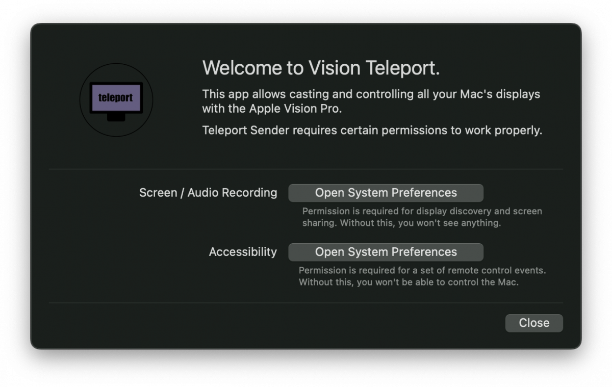 Vision Teleport : Server (macOS companion app) – visionpro.digitster.com